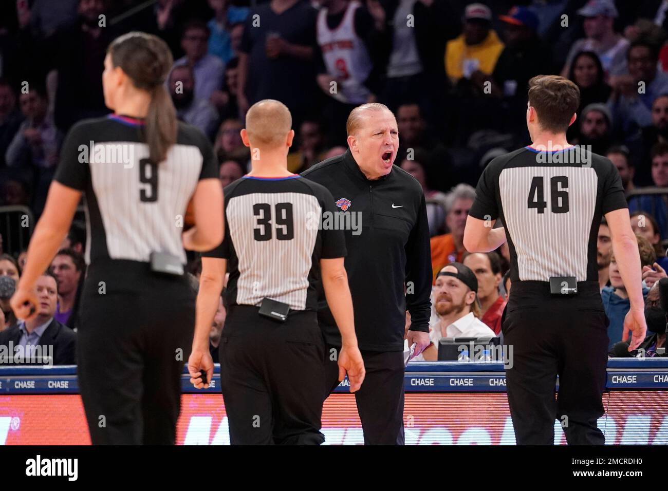 New York Knicks head coach Tom Thibodeau, second from right, argues ...