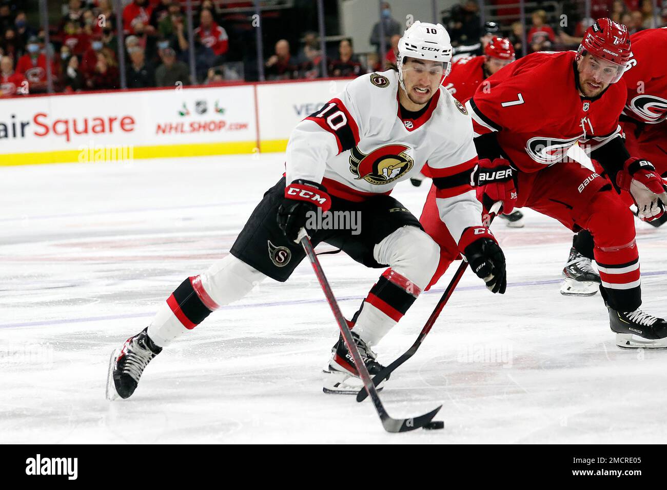 Ottawa Senators' Alex Formenton (10) drives the puck past Carolina ...