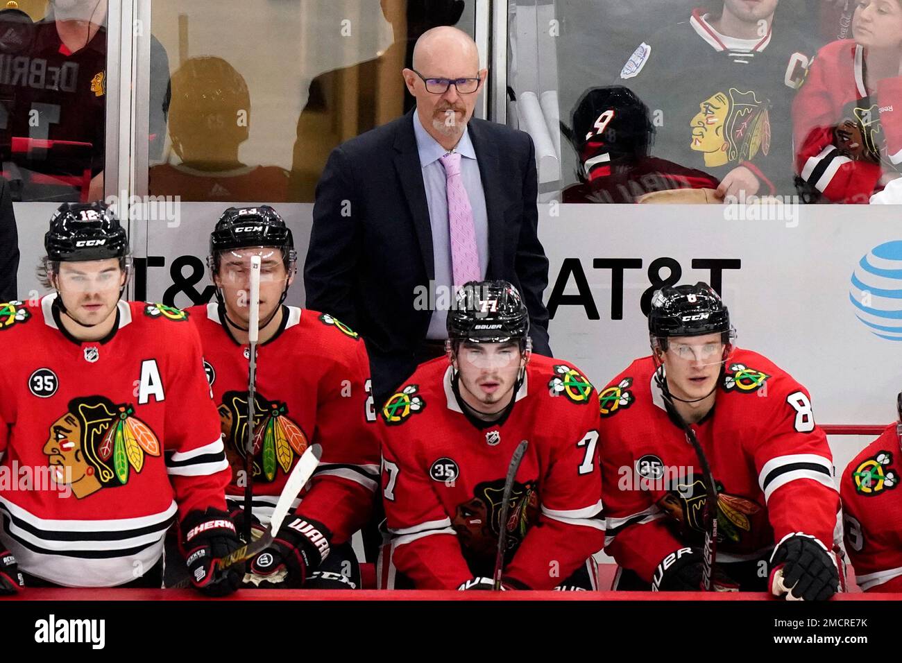 Chicago Blackhawks interim head coach Derek King, top, reacts as he ...