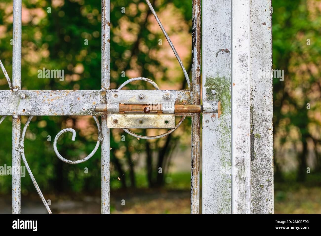 Ancient iron gates locked with a latch in the park in summer Stock ...