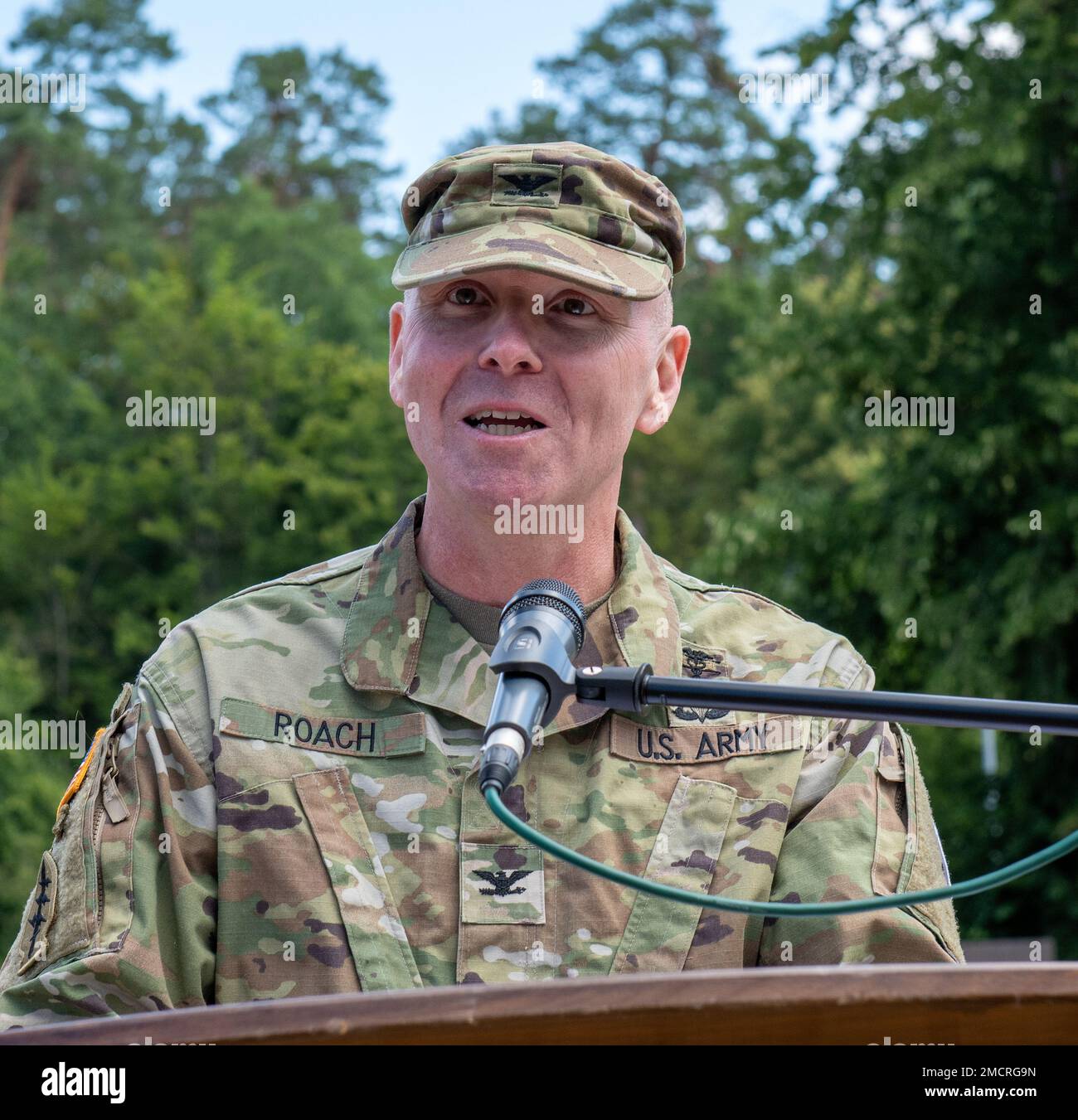 U.S. Army Col. Shane A. Roach, outgoing USAMMC-E commander, addresses ...