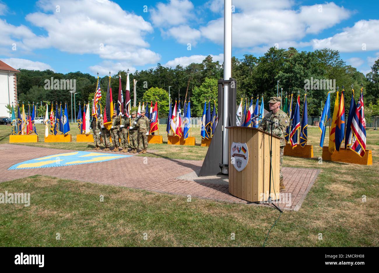 U.S. Army Col. Shane A. Roach, outgoing USAMMC-E commander, addresses ...