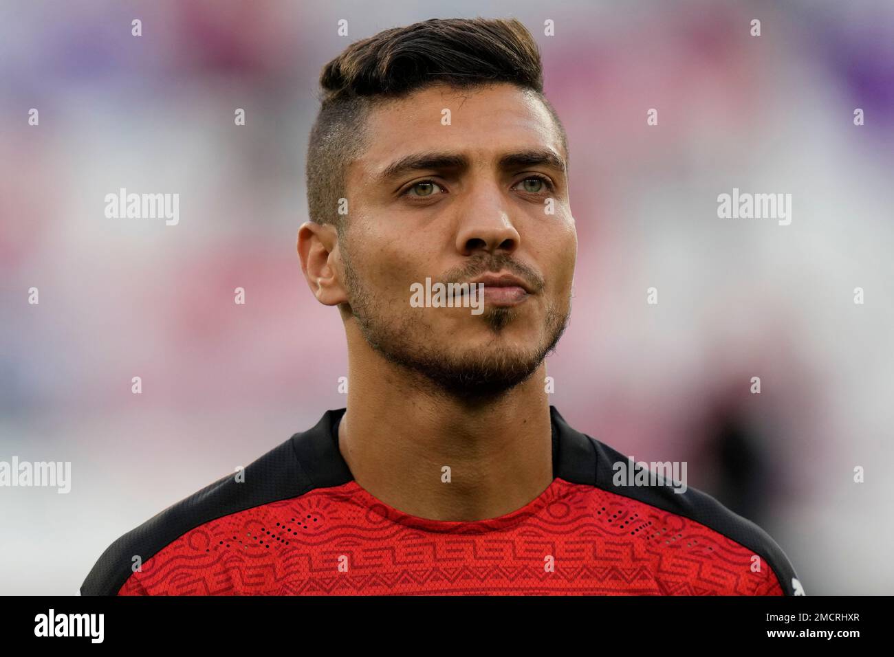 Egypt's Mohamed Sherif lines up before the Arab Cup soccer match ...