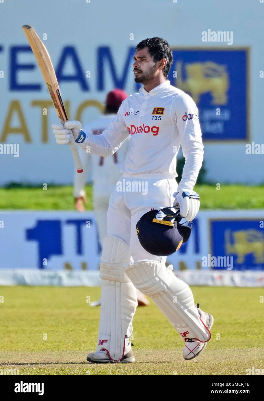 Sri Lankan batsman Dhananjaya de Silva celebrates scoring a century ...