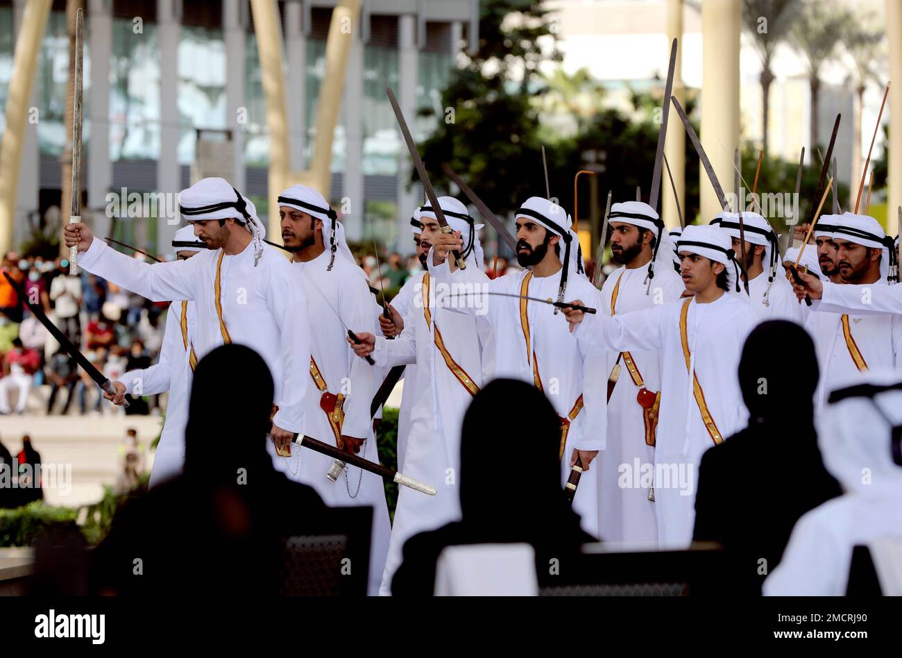 A group perform Al Azi traditional dance during the official ceremony celebrating the UAE 50th ...