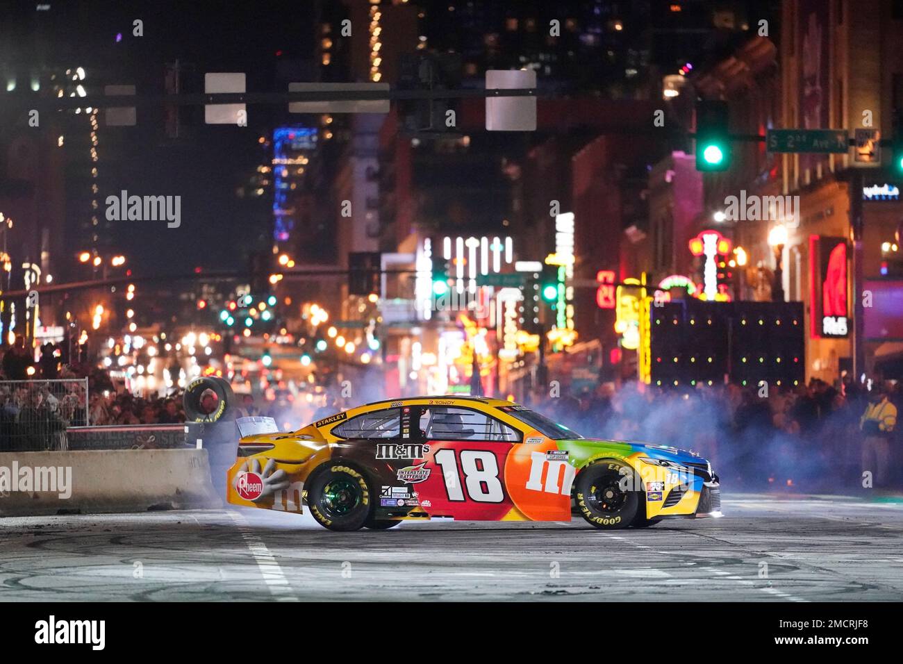 Kyle Busch does a burnout during the Burnouts on Broadway competition ...