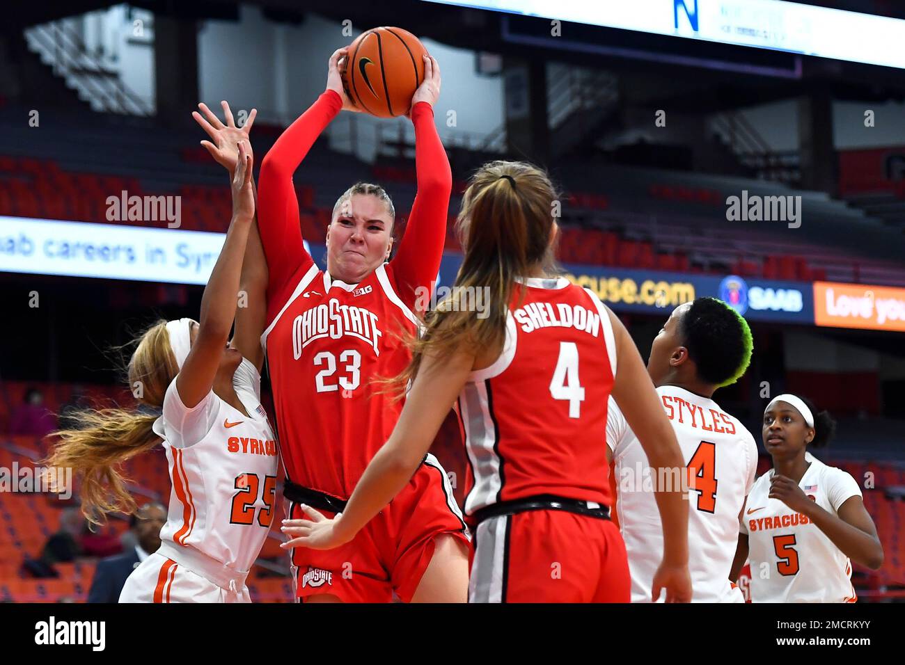 Ohio State forward Rebeka Mikulasikova (23) grabs a rebound over ...