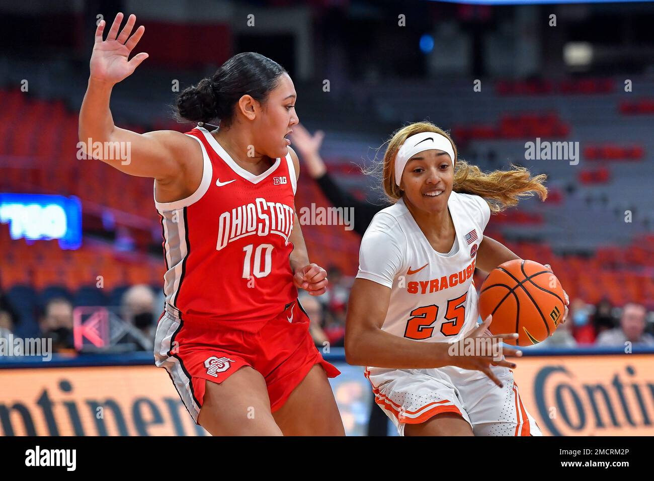 Syracuse guard Alaina Rice (25) is defended by Ohio State guard Braxtin ...