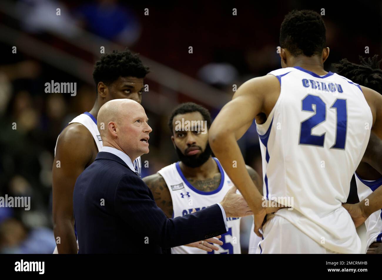 Seton Hall head coach Kevin Willard talks with his players during the ...