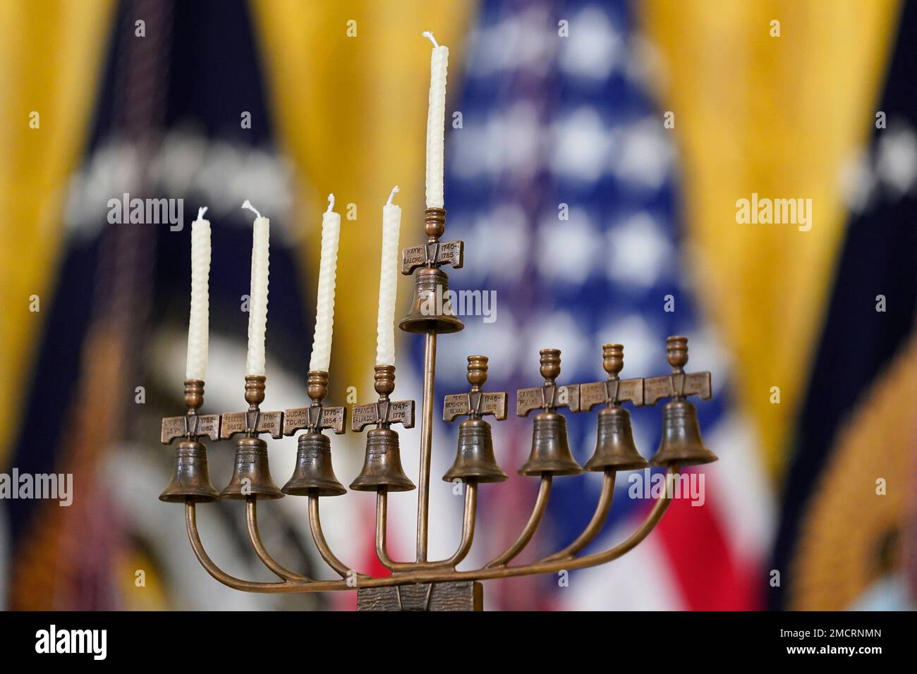 The Liberty Bell menorah sits in the East Room of the White House in ...