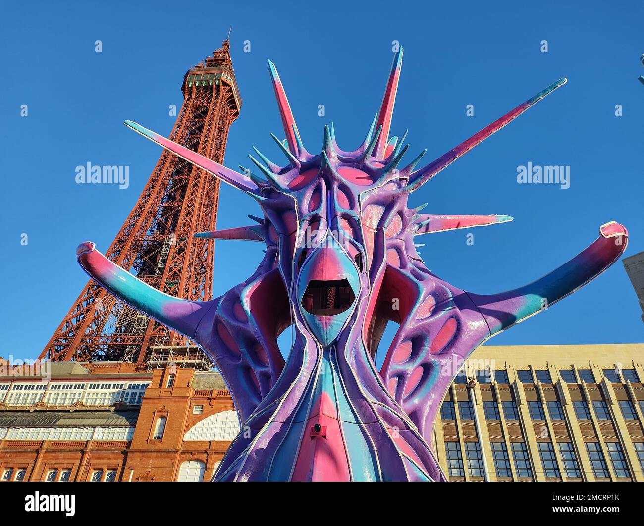 The Blackpool Tower Pink monster Spiky under Blue sky in Blackpool ...