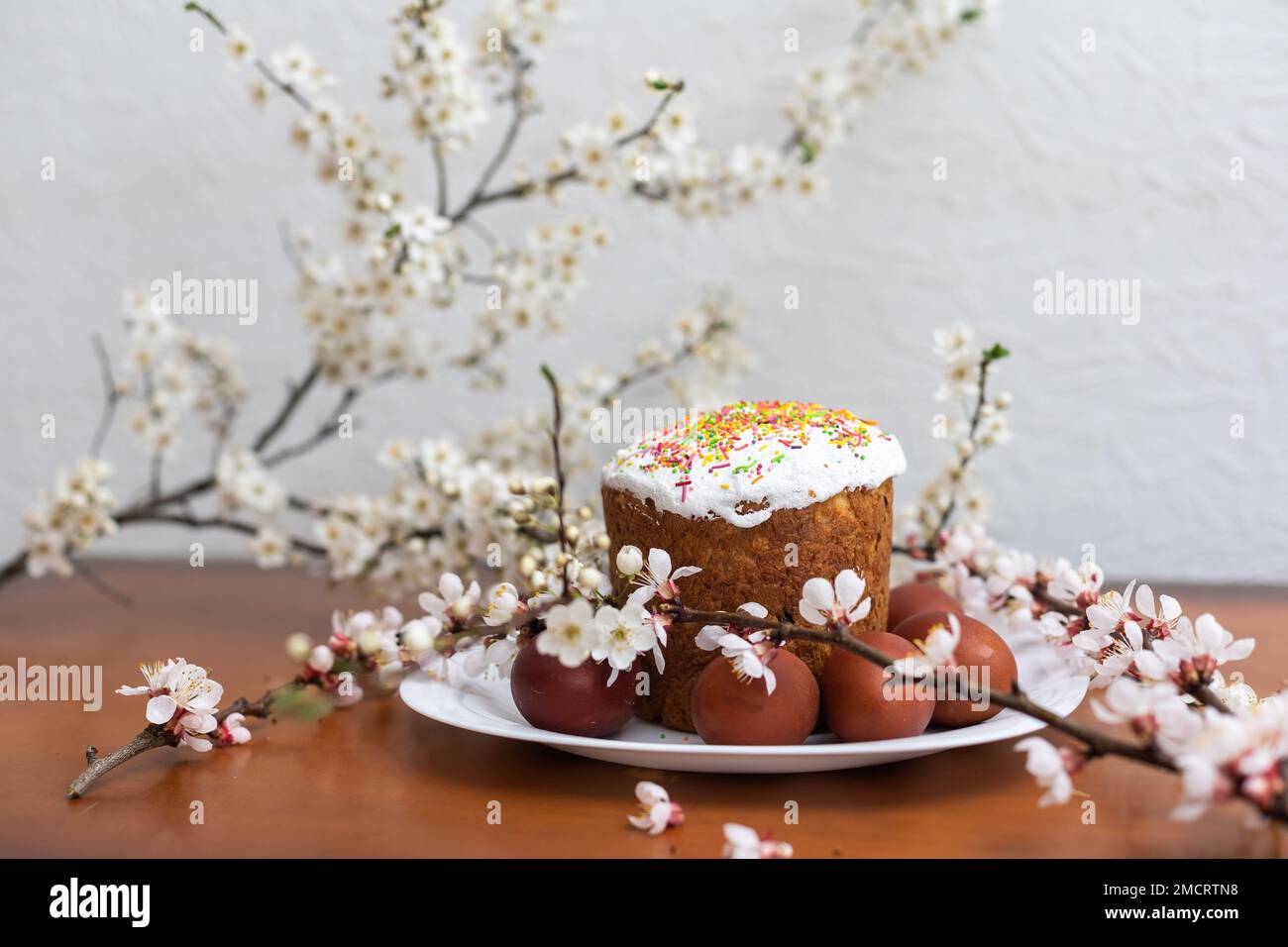 Easter composition. A blooming apricot branch, painted eggs and a ...