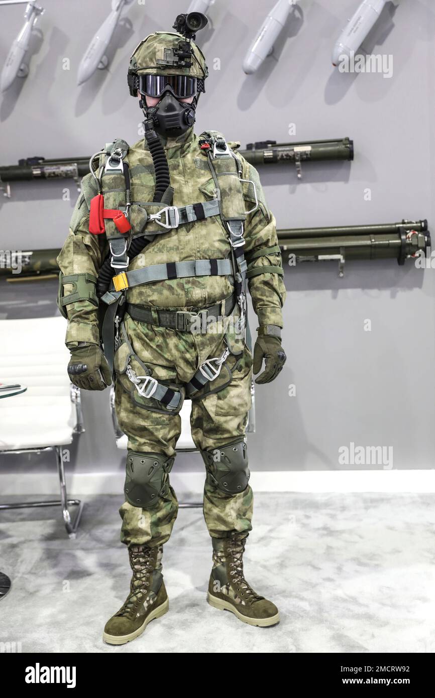 A Russian soldier in uniform at the EDEX Egypt Defence Exhibition 2021 ...