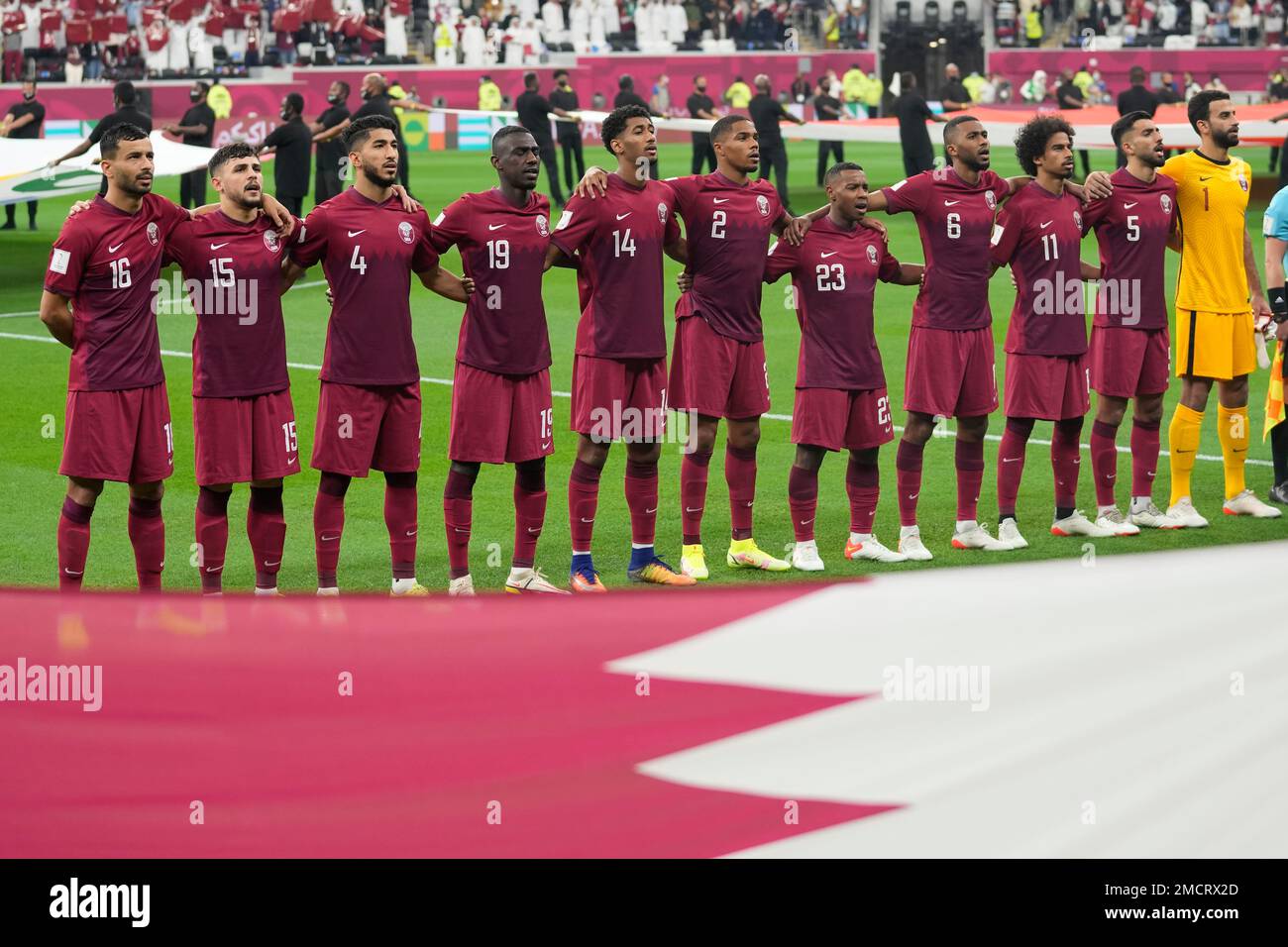 Qatar squad lines up before the group A Arab Cup soccer match between ...