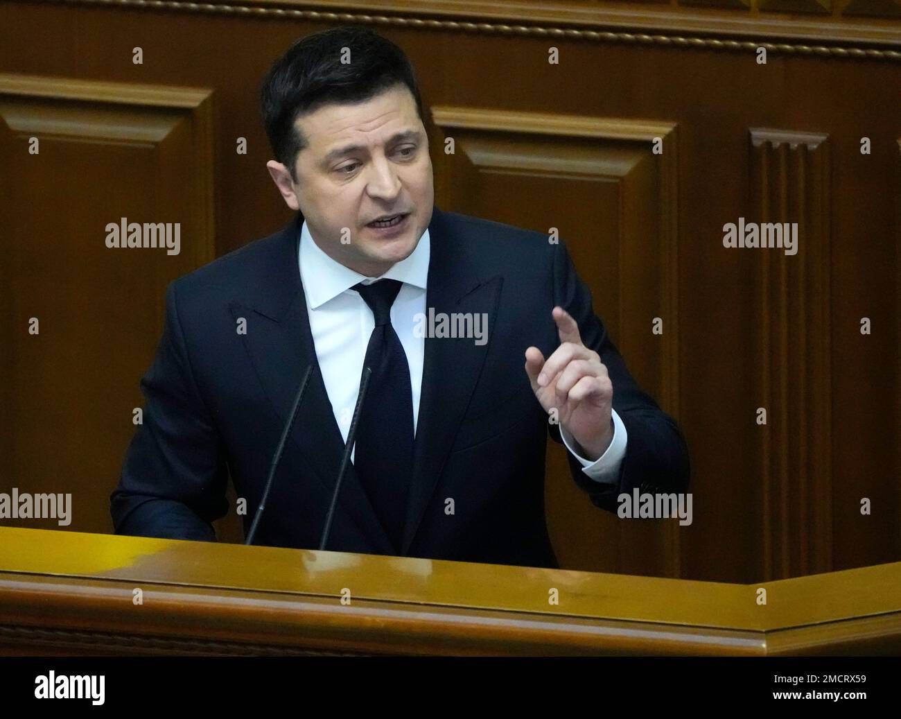 Ukrainian President Volodymyr Zelenskyy addresses lawmakers in Kyiv ...
