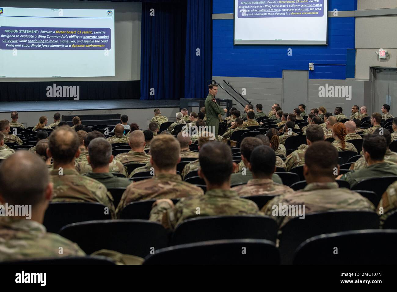 U.S. Air Force Col. Russ Cook, 23rd Wing commander, speaks to Airmen at ...