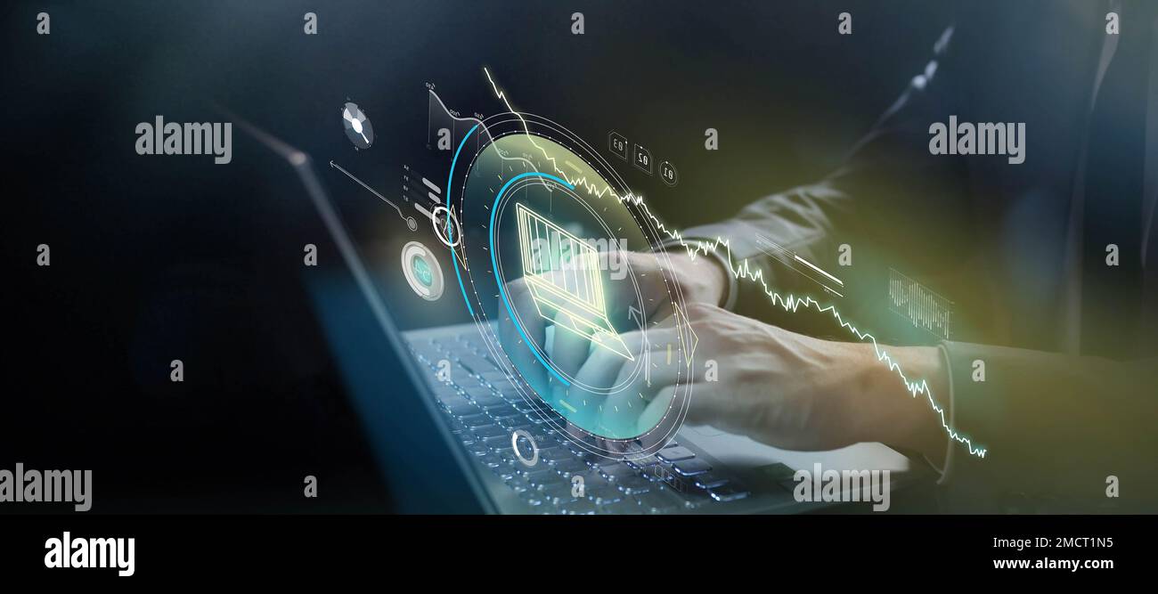 Unknown man working with financial infographic data Stock Photo - Alamy