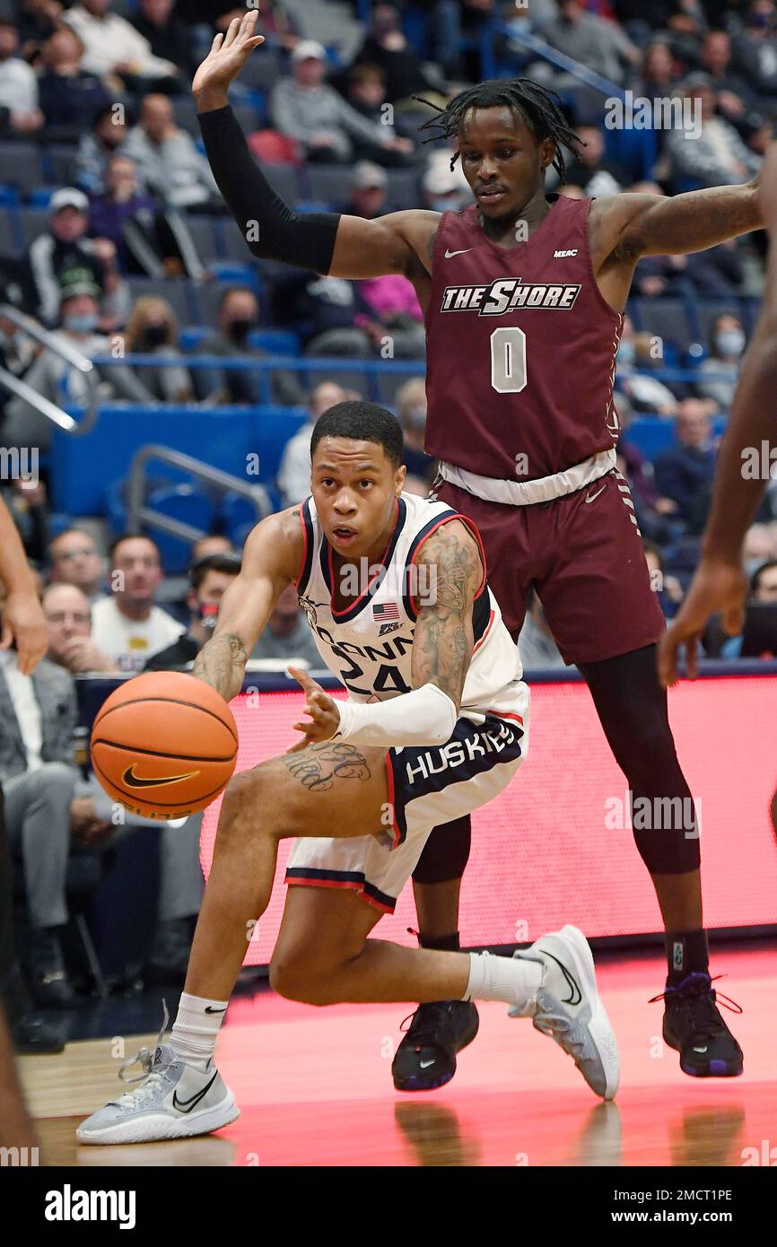 Connecticut's Jordan Hawkins (24) passes as Maryland-Eastern Shore's ...