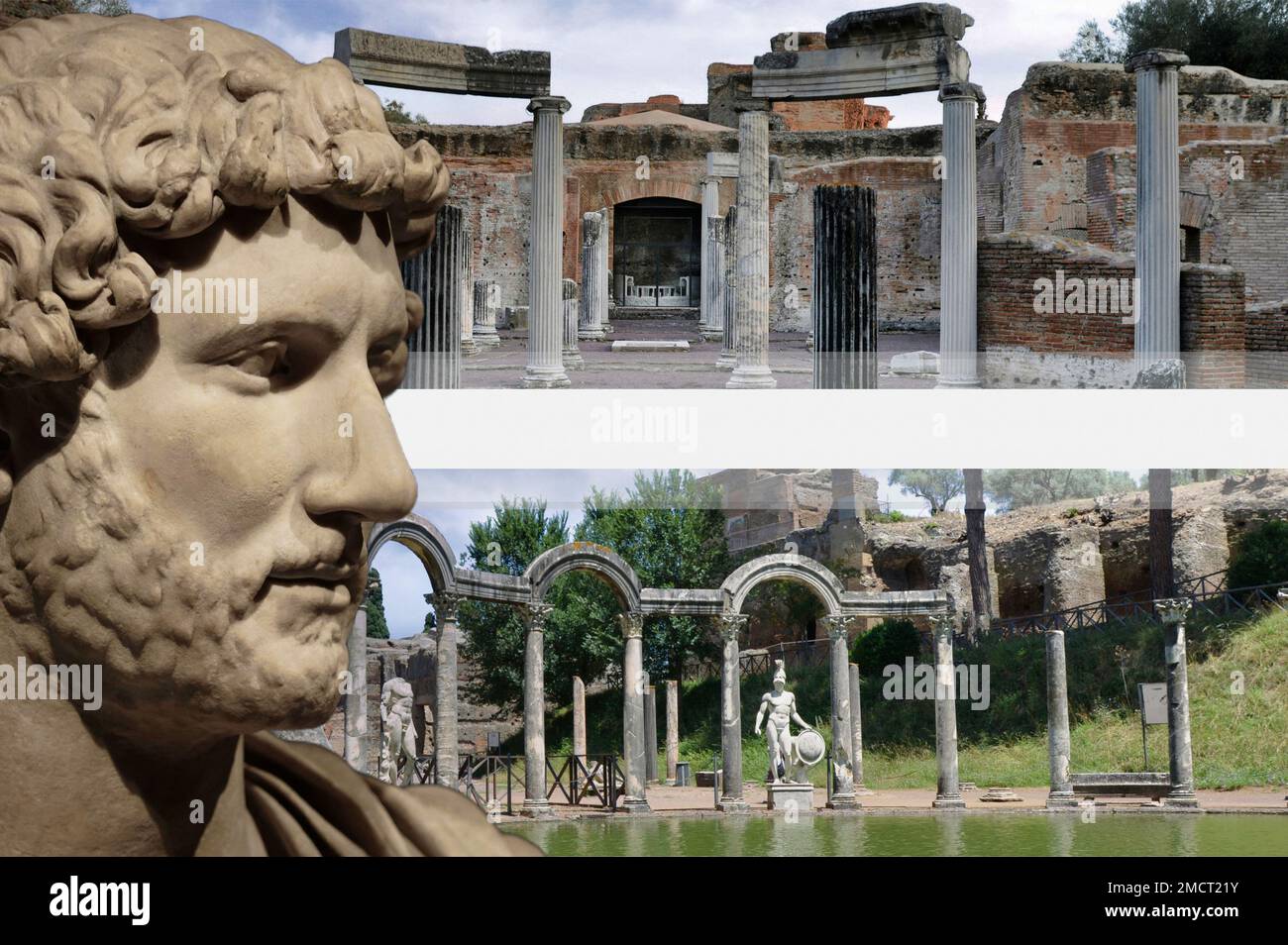 Half bust of the Roman Emperor Hadrian in the background of his famous ...
