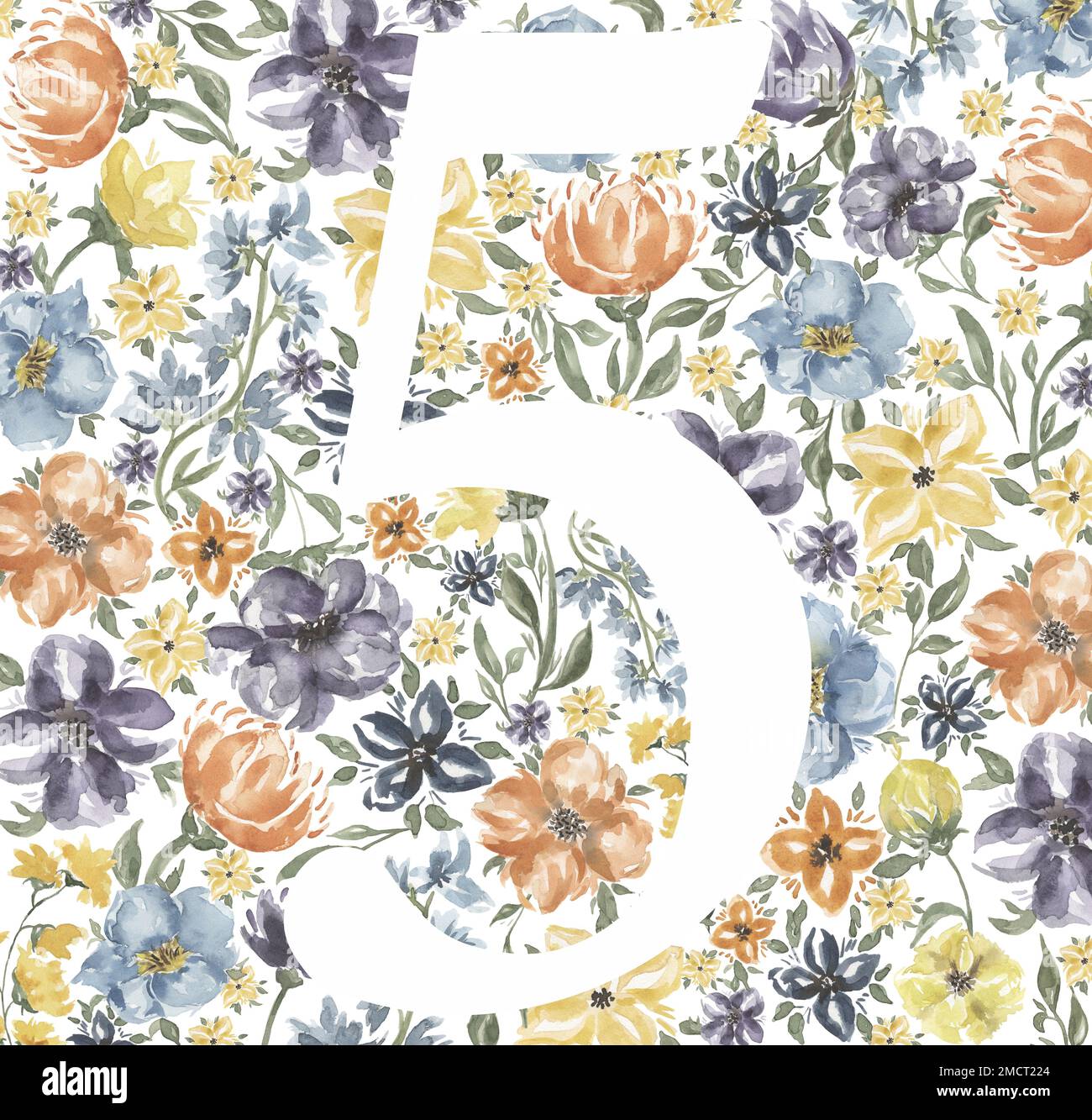 Wildflowers Numbers, Floral clipart, Watercolor Meadow Flowers Five ...