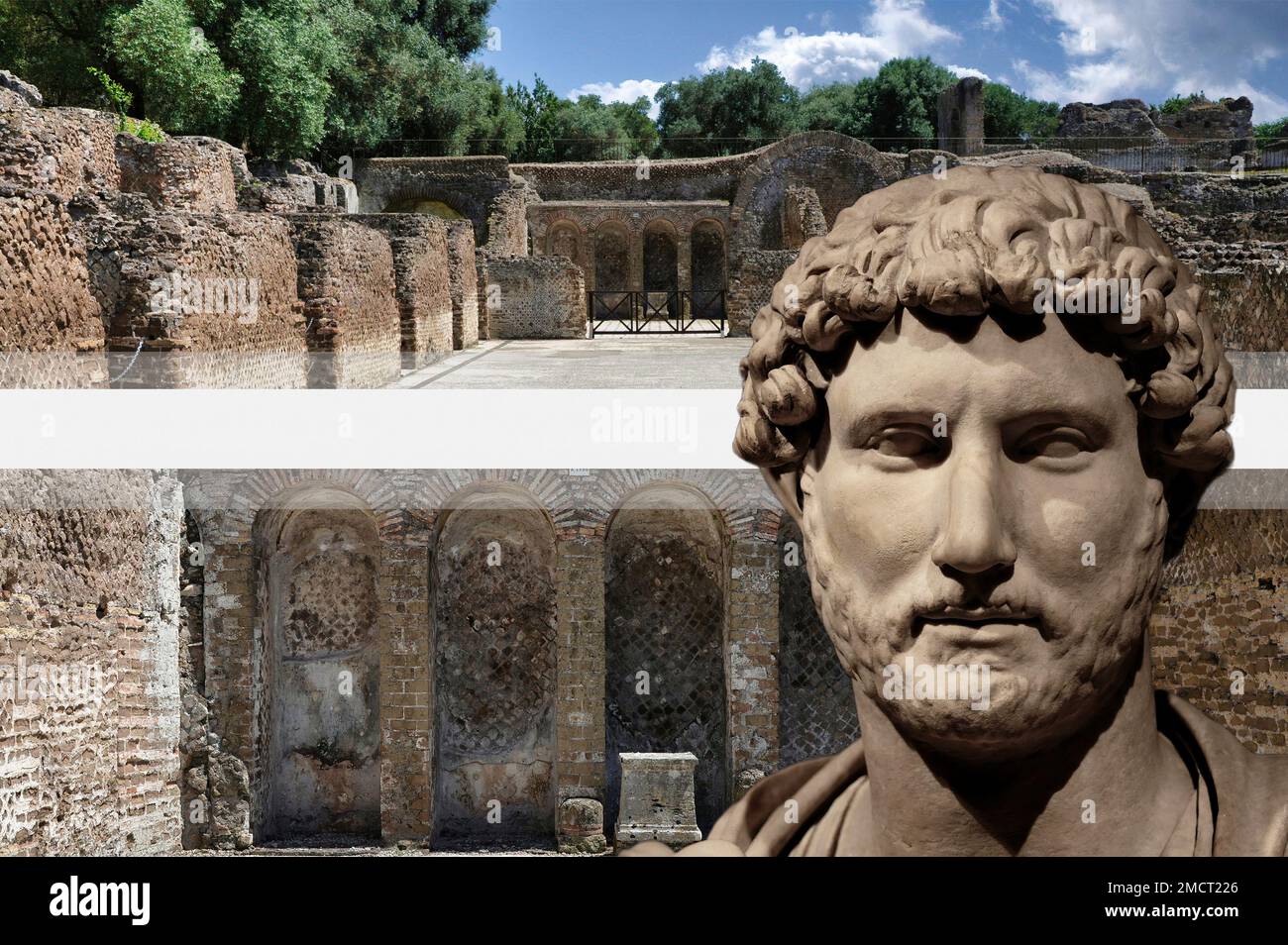 Half bust of the Roman Emperor Hadrian in the background of his famous ...