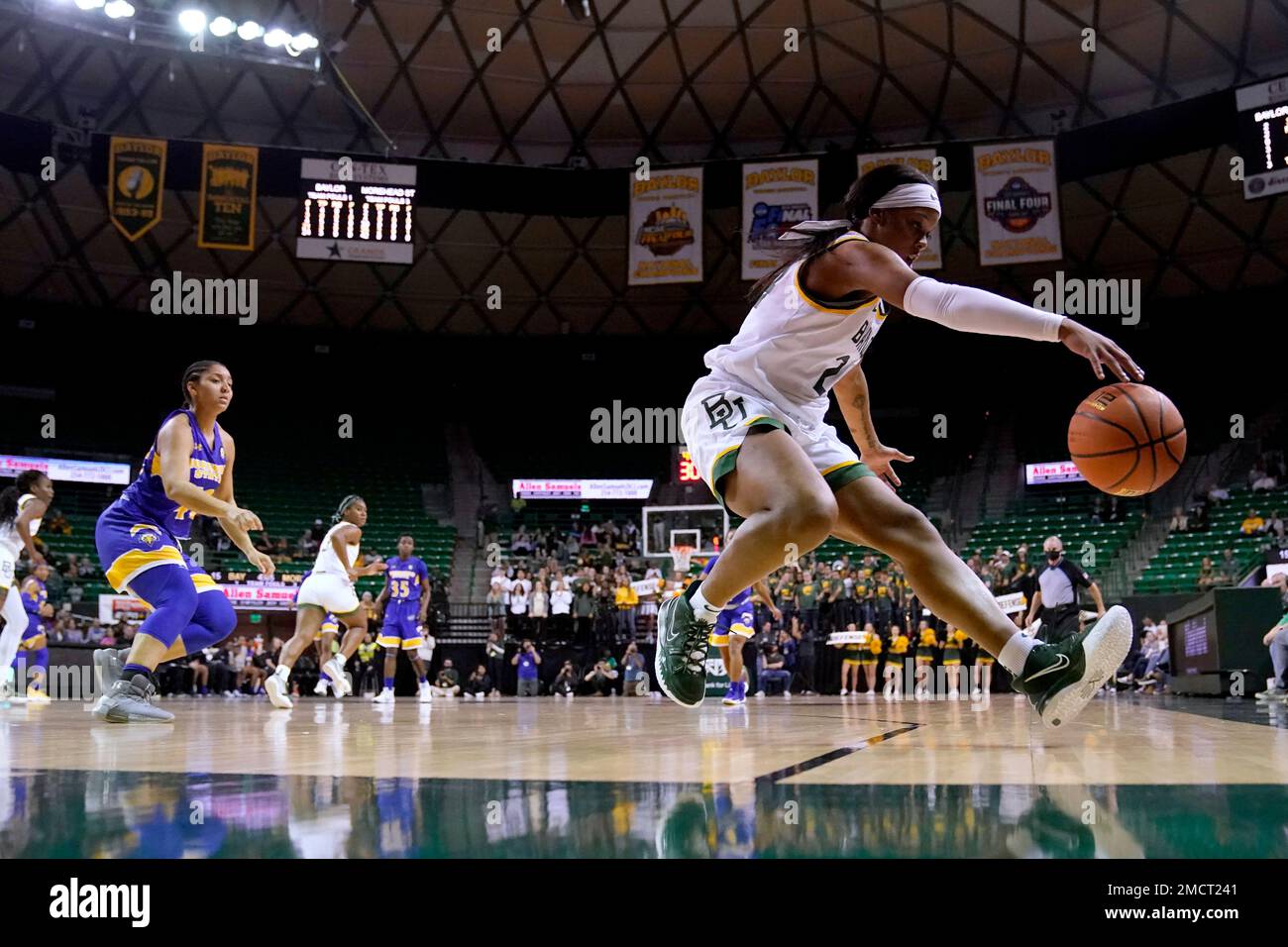 Baylor guard Sarah Andrews, right, collects a rebound as Morehead State ...