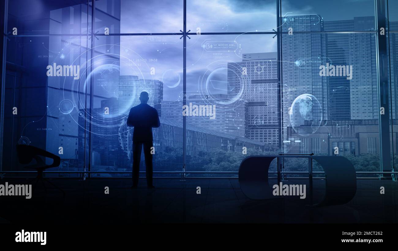 Businessman looks at data on a virtual interface, 3D render Stock Photo ...