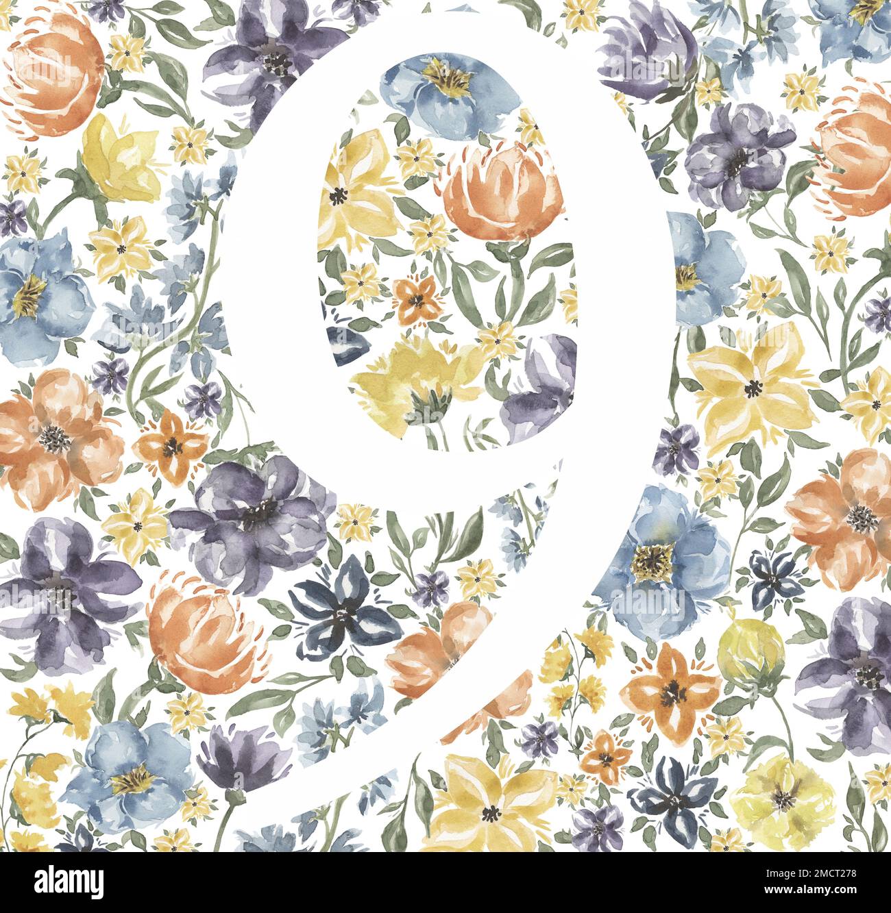 Wildflowers Numbers, Floral clipart, Watercolor Meadow Flowers Nine ...