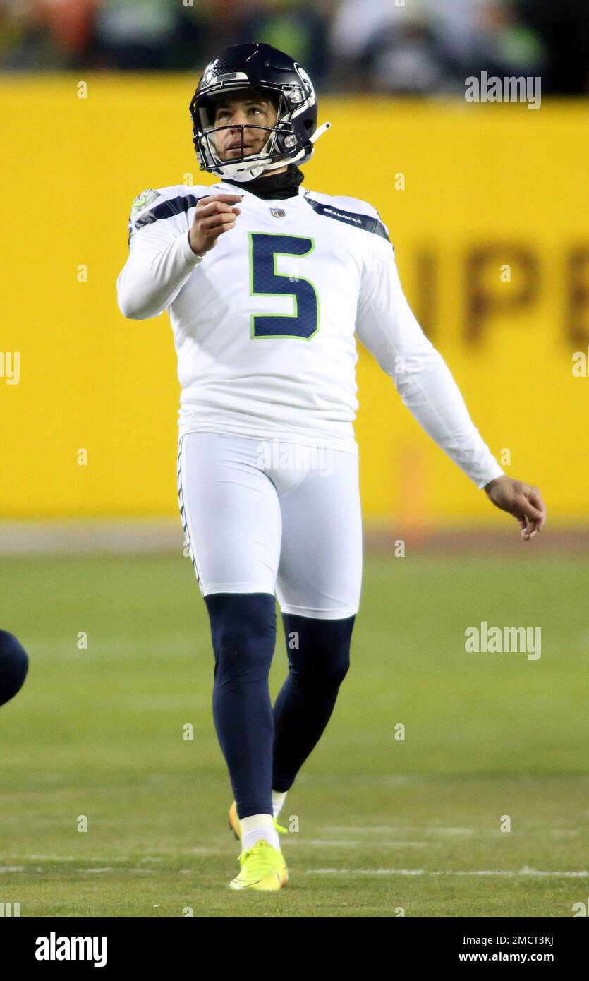 Seattle Seahawks kicker Jason Myers (5) kicks before an NFL football ...