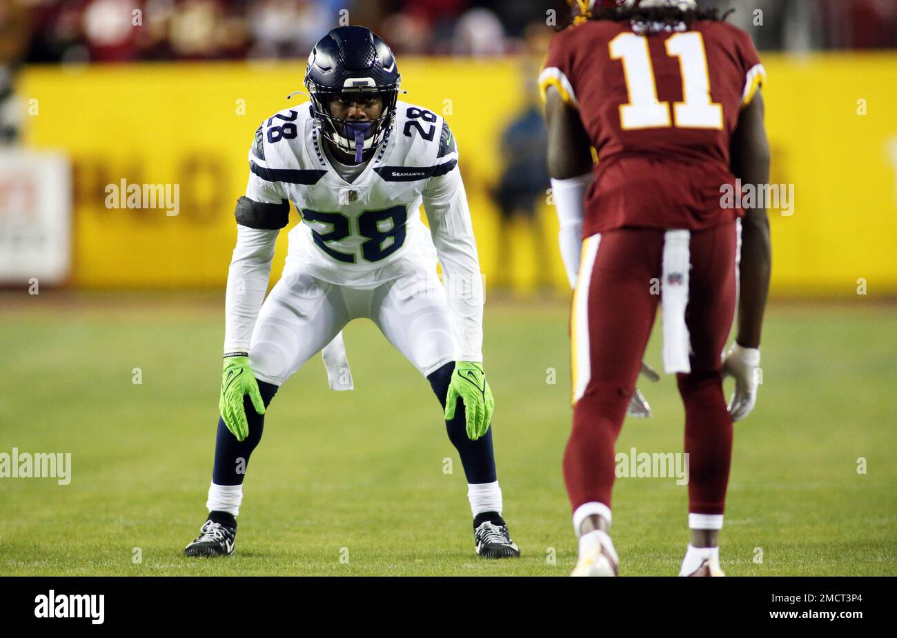 Seattle Seahawks cornerback Ugo Amadi (28) lines up against Washington ...