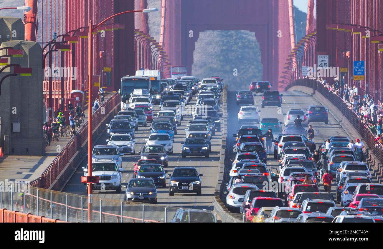 Golden Gate Bridge traffic at a standstill in San Francisco, USA, while ...