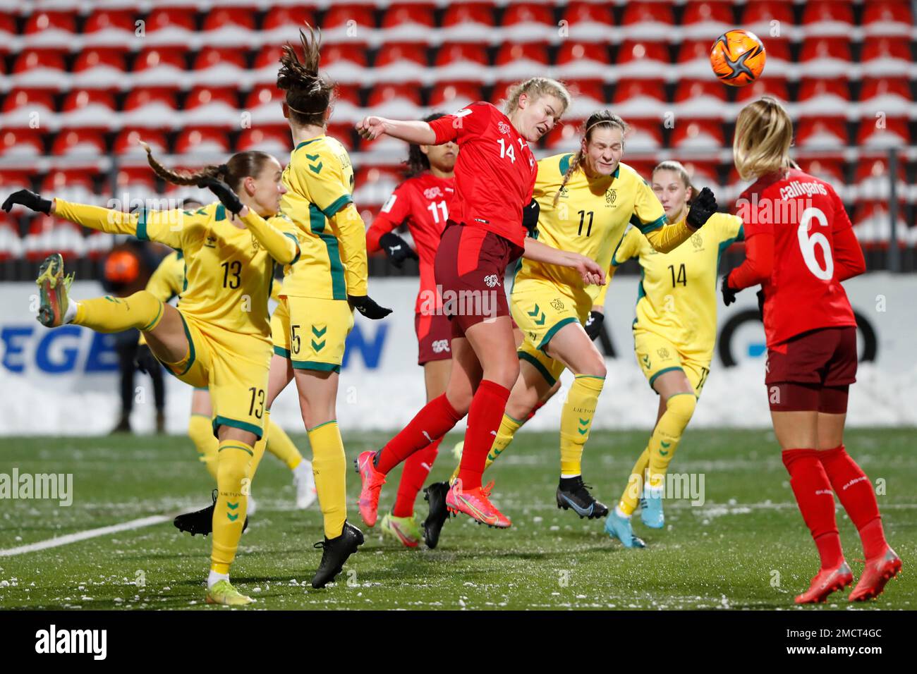 Switzerland's Rahel Kiwic, center, scores her side's second goal during ...