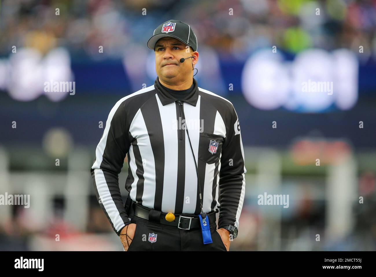 Down judge Mike Carr (63) waits during a timeout during the first half ...