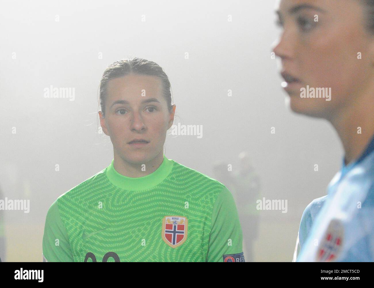 Norway's goalkeeper Rugile Maria Rulyte, left, looks on during a pause ...
