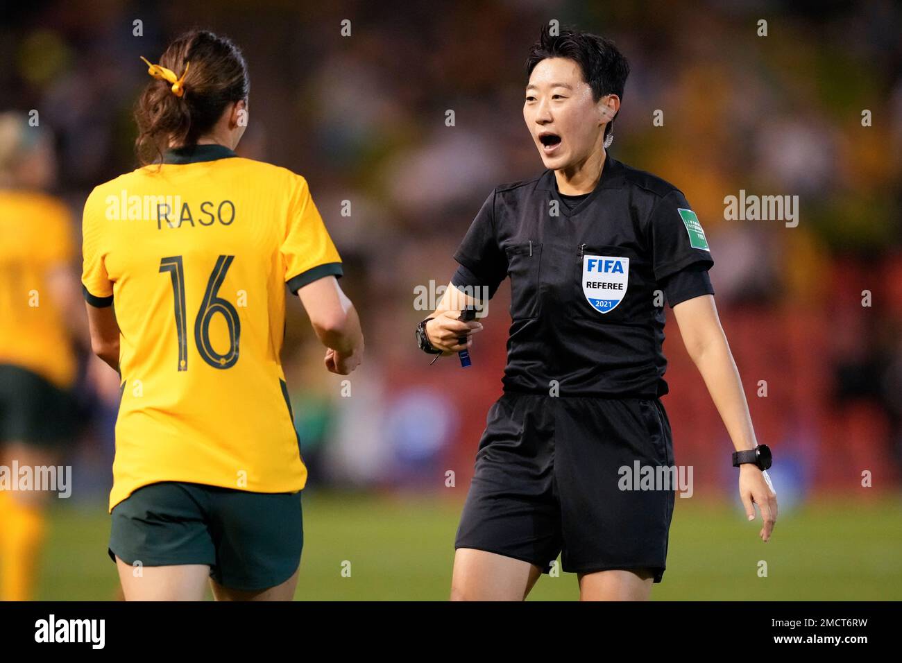Referee Sejin Park gestures to Matilda's Hayley Raso during the international women's soccer ...