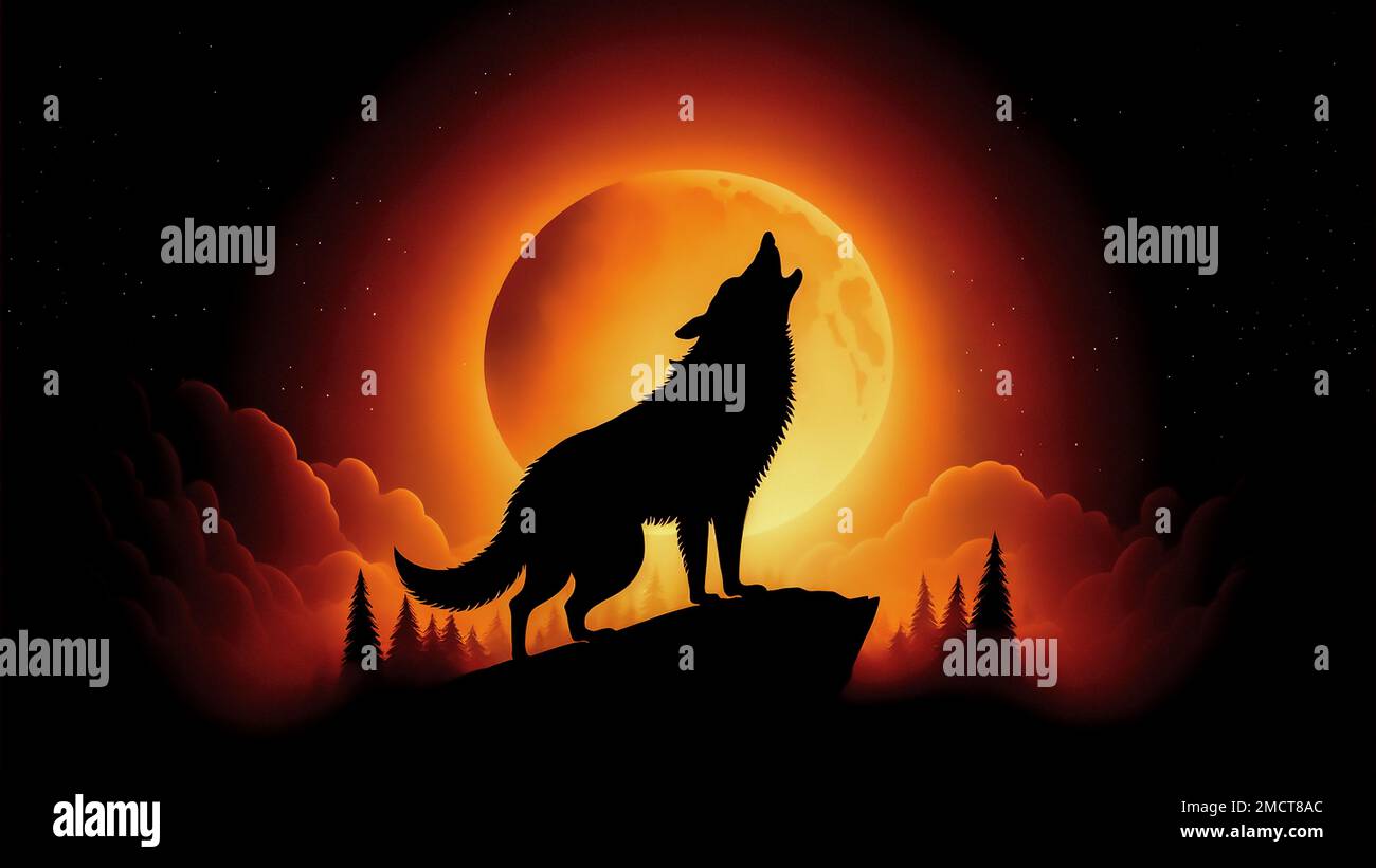 Red Full Moon Wolf