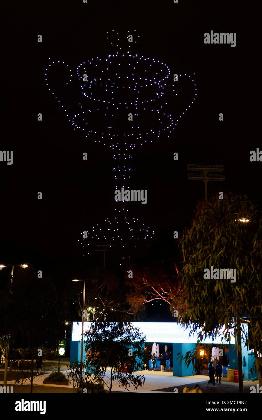 Melbourne, Australia. 22nd Jan, 2023. 500 drones form the shape of the ...