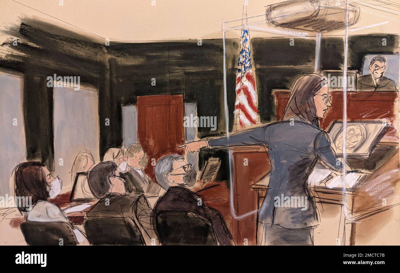 In this courtroom sketch, assistant U.S. Attorney Lara E. Pomerantz ...