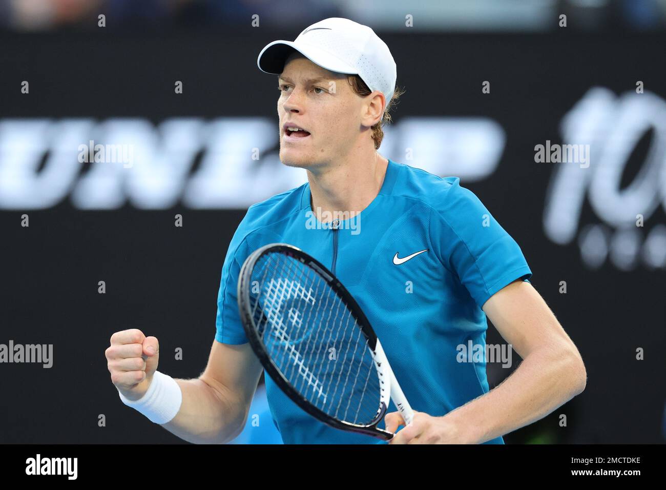 Melbourne, Australia. 22nd Jan, 2023. Jannick Sinner of Italy reacts during round 4 match ...