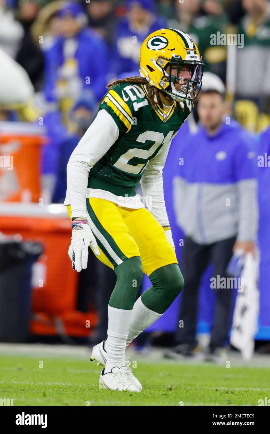 Green Bay Packers cornerback Eric Stokes (21) defends during an NFL ...