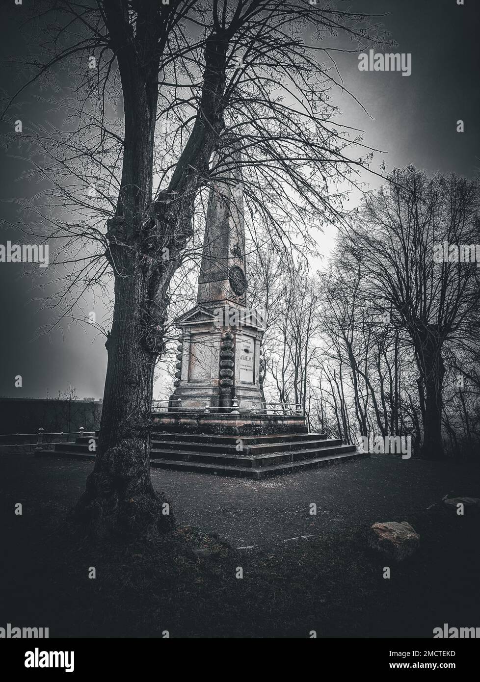 A vertical grayscale of the historical monument for Kaiser Wilhelm in ...