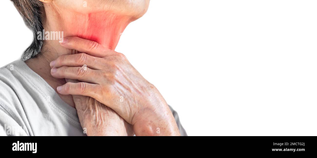 Tightness at the neck of Asian, Myanmar woman. Concept of sore throat ...