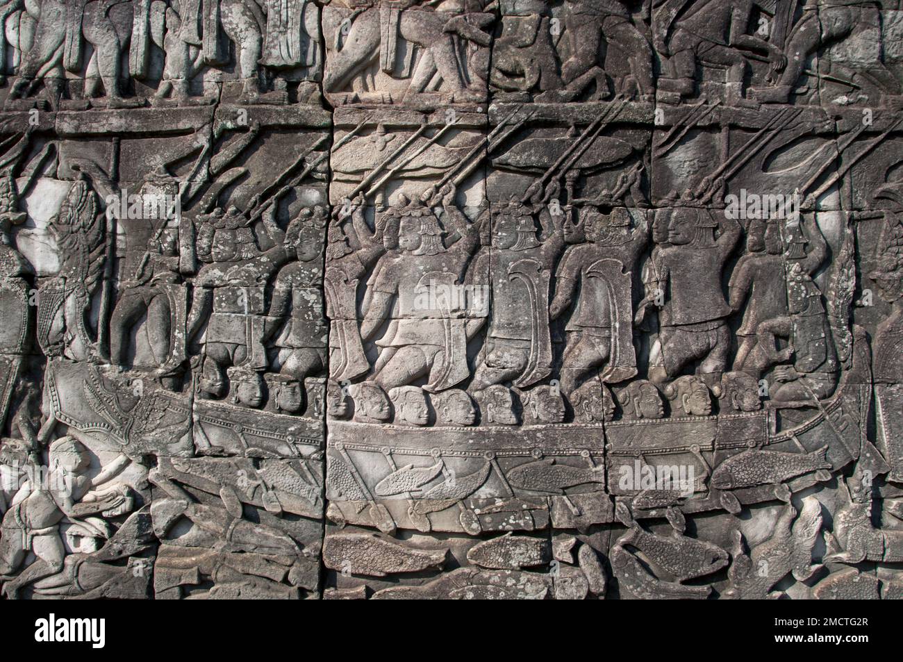 Naval battle between the Cham and Khmer, Bayon temple, Angkor complex ...