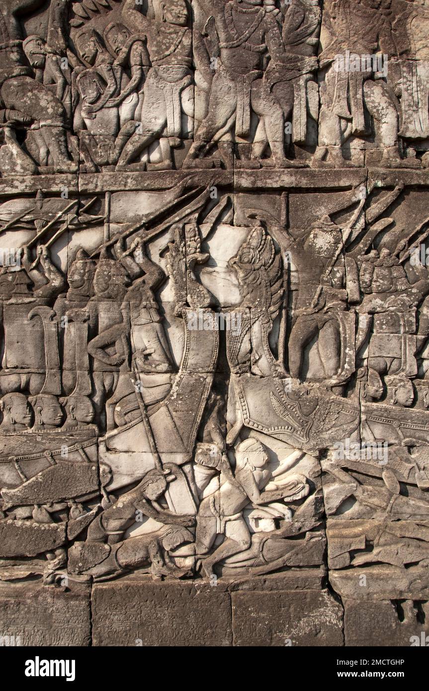 Bas-relief of boats with soldiers, Angkor complex, Siem Riep ...