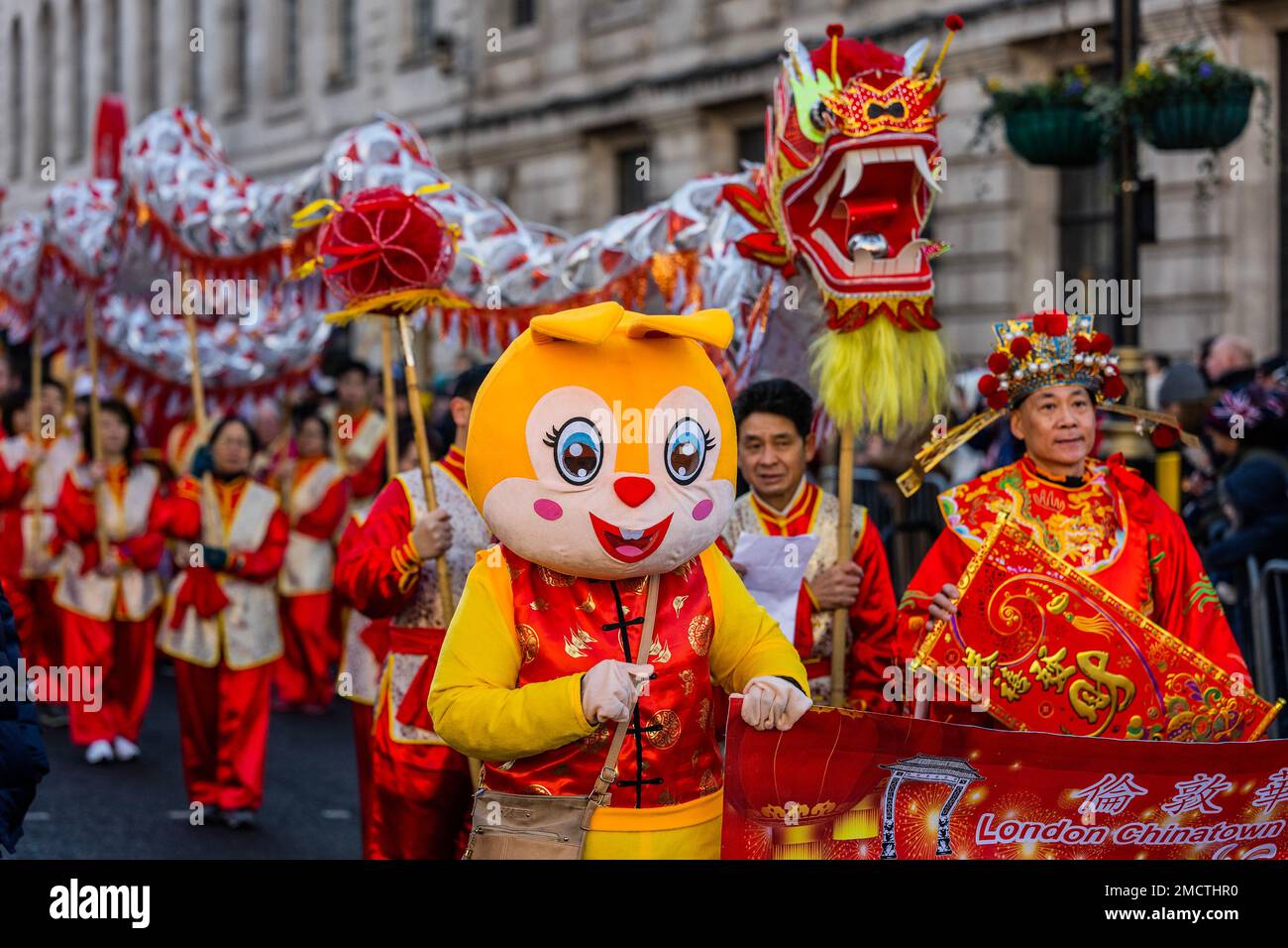 London, UK. 22nd Jan, 2023. The annual parade led by drogon and lion dancers and the occassional ...