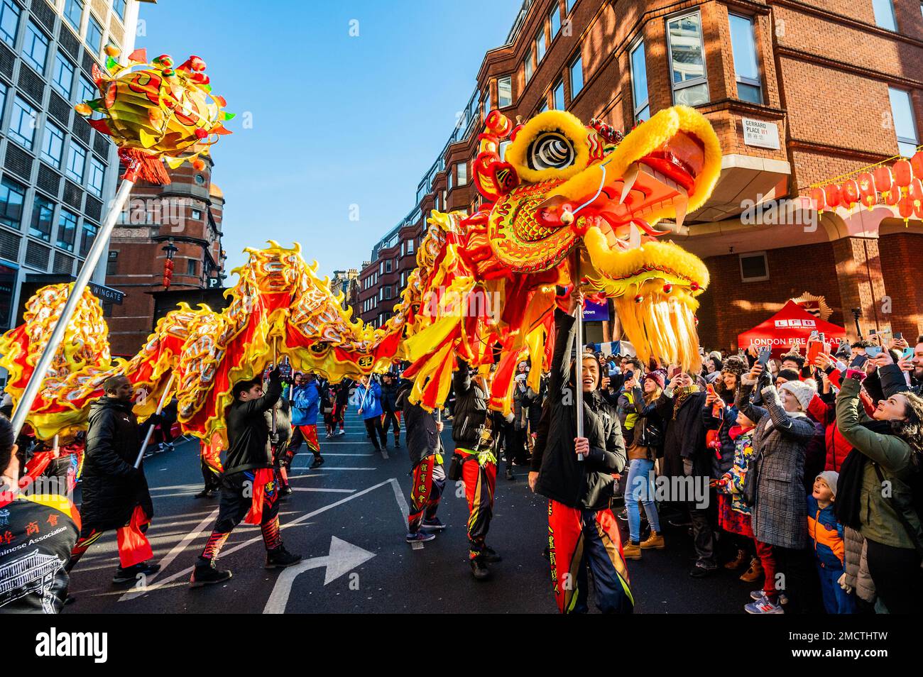 London, UK. 22nd Jan, 2023. The annual parade led by drogon and lion dancers and the occassional ...