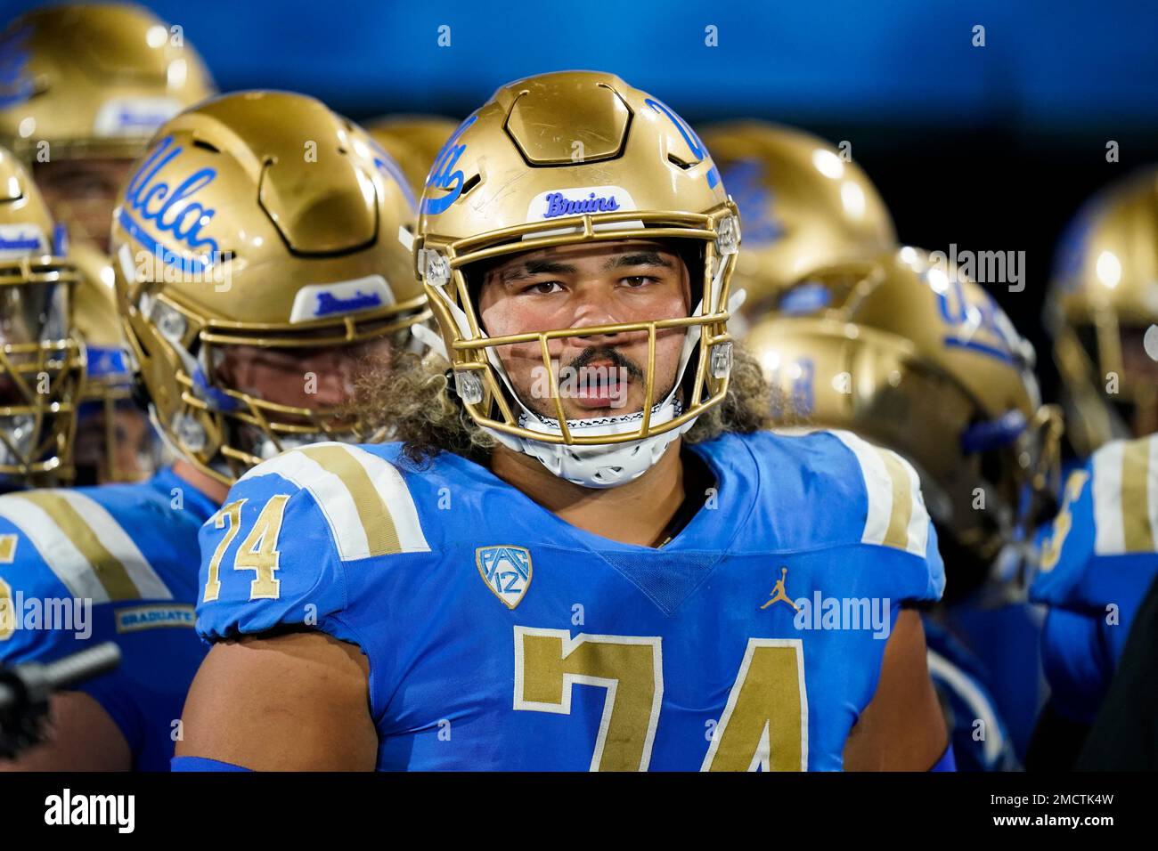 UCLA offensive lineman Sean Rhyan waits for the start of the team's ...