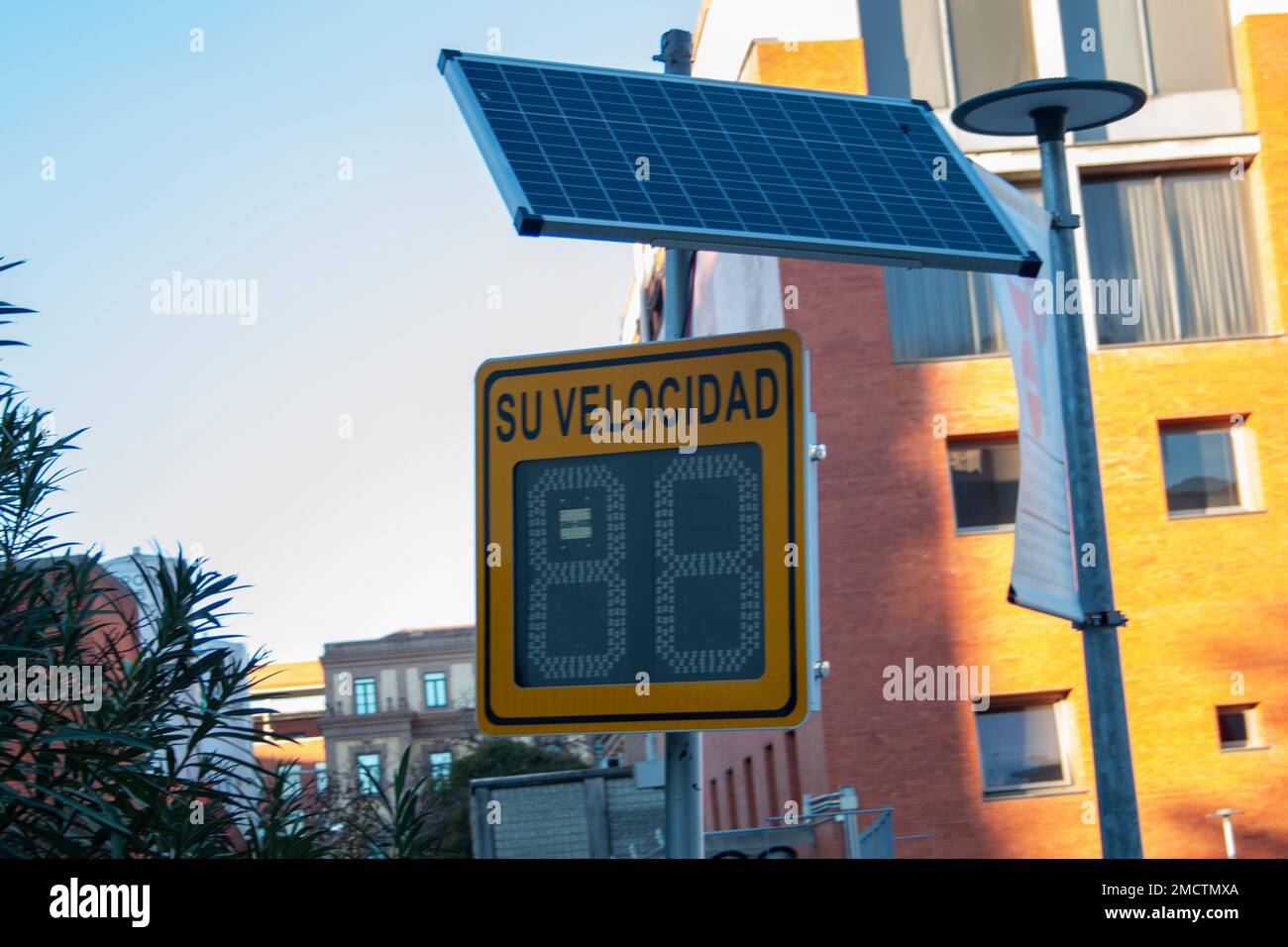 Traffic sign, speed radar, with solar panel for power supply, in the ...