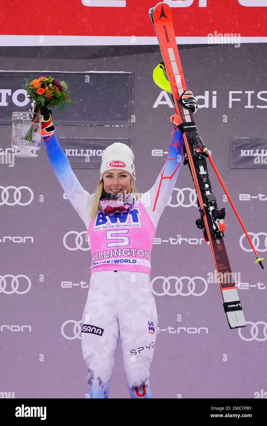 United State's Mikaela Shiffrin celebrates on the podium after ...