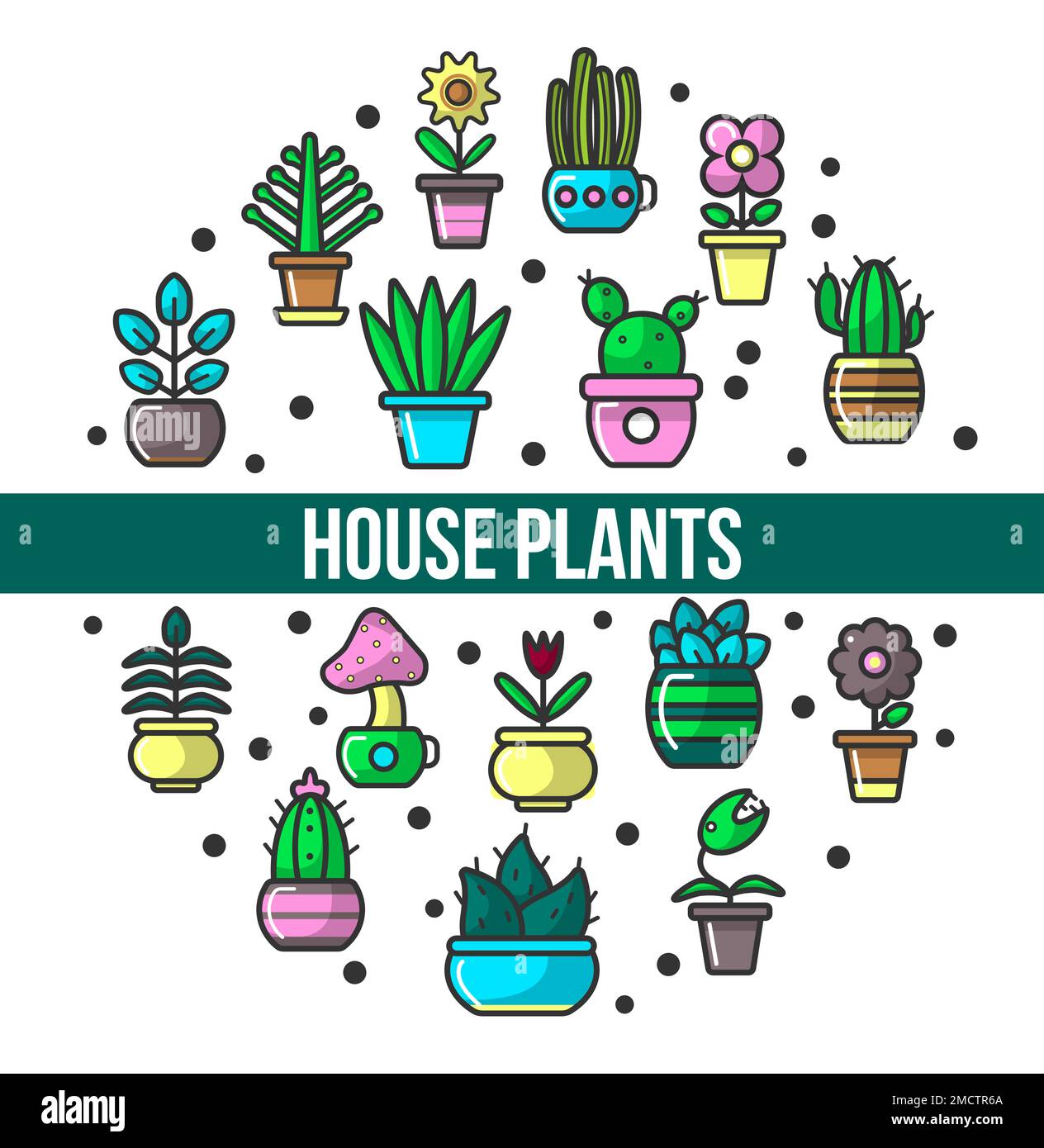 House plants and flowers indoor greenery in pots poster Stock Vector ...